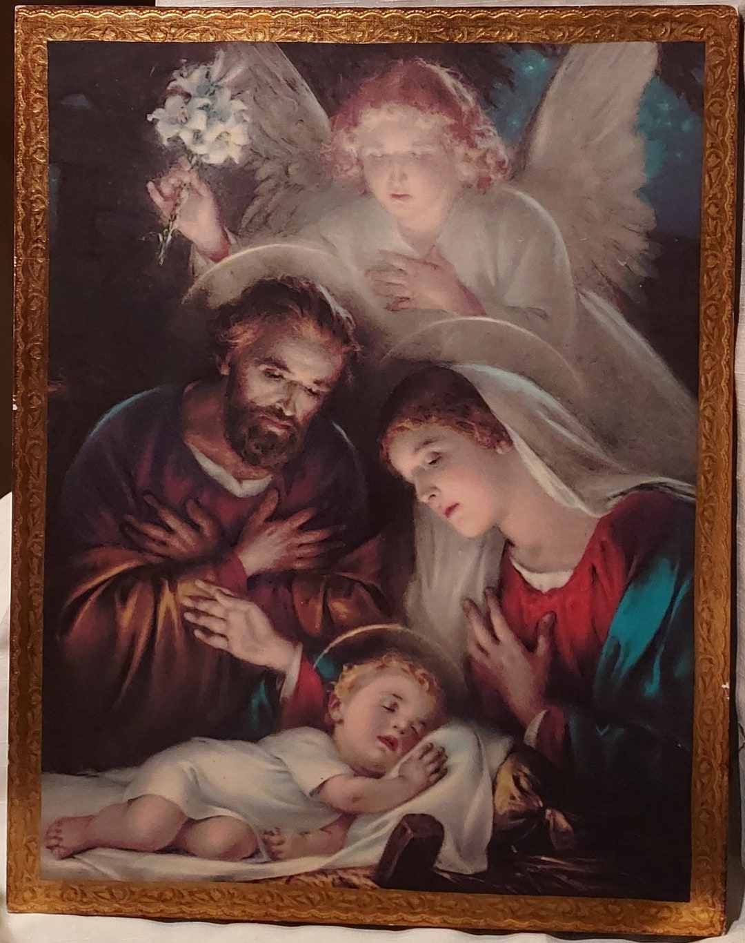 Nativity Scene Lithograph on 17" X 13" Wood Panel With Gold Edge, Wall ...