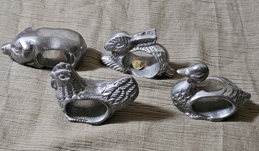 Vintage Pewter Napkin Rings, Napkin Holders, Farm Animals, Duck, Pig ...
