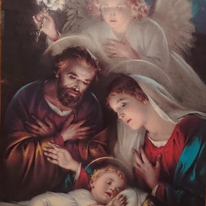 Nativity Scene Lithograph on 17" X 13" Wood Panel With Gold Edge, Wall ...