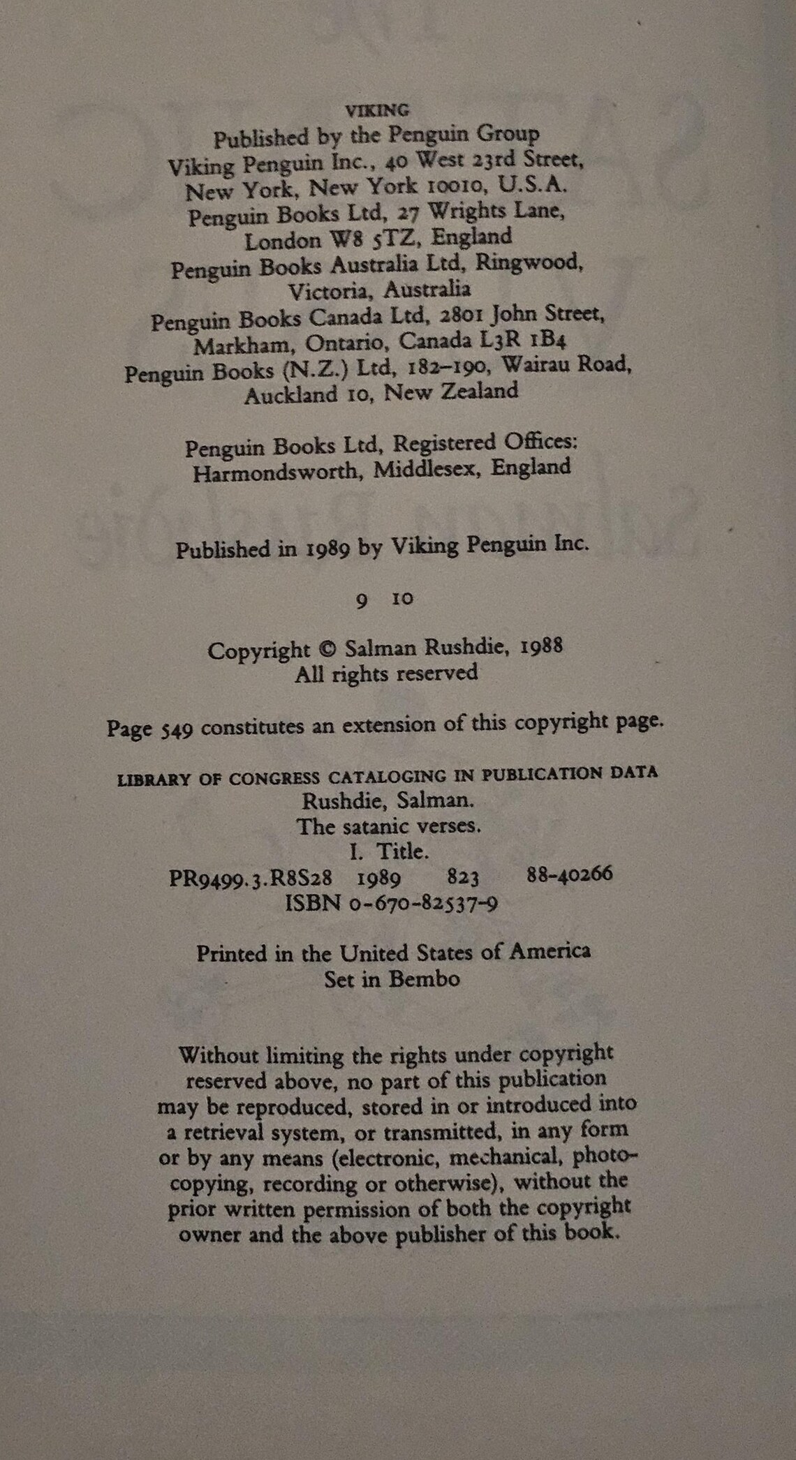 THE SATANIC VERSES, Salman Rushdie, First Edition 9th Printing, 1989 ...