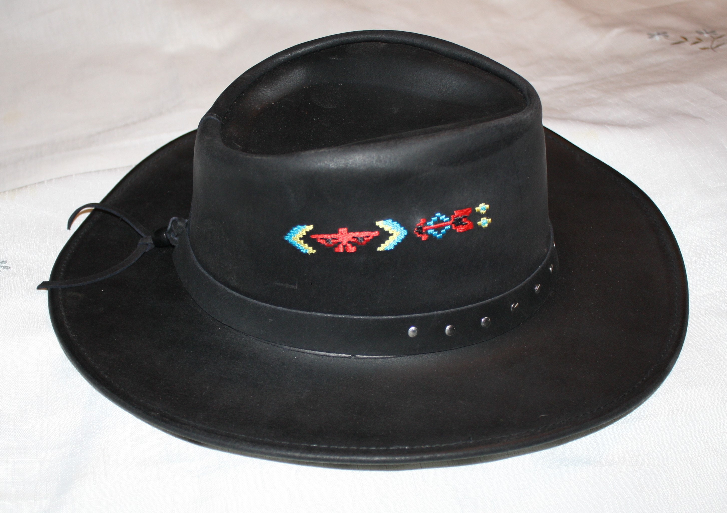 Henschel Hat, Black Leather, Size Large USA Made, 1990’s