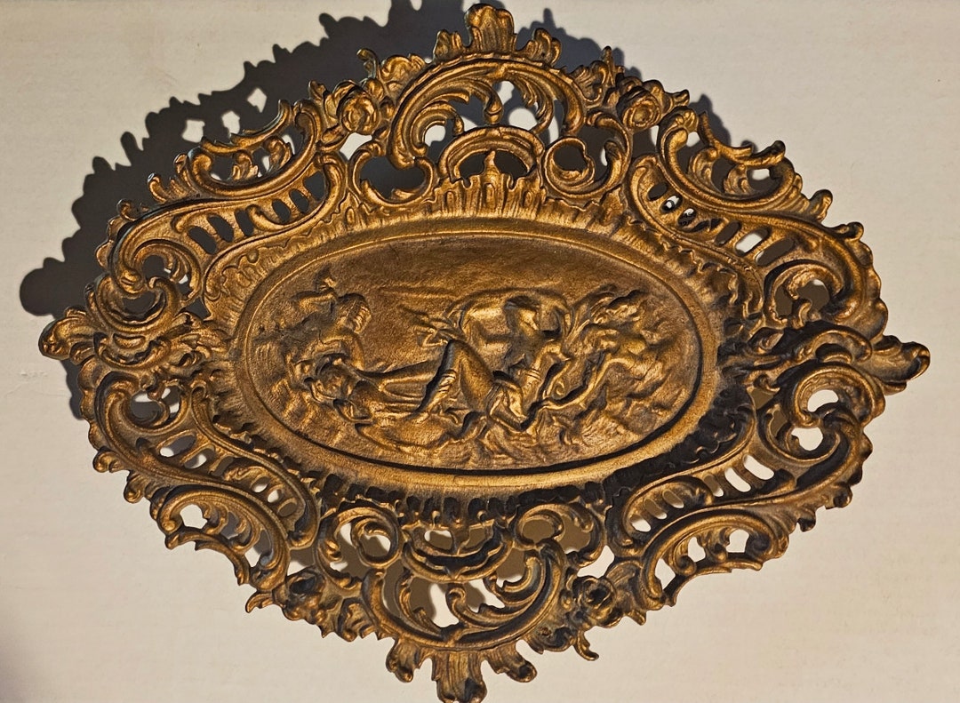 Vintage Metal Art Work, Baroque Cast Iron Art Rococo Footed Tray, With ...