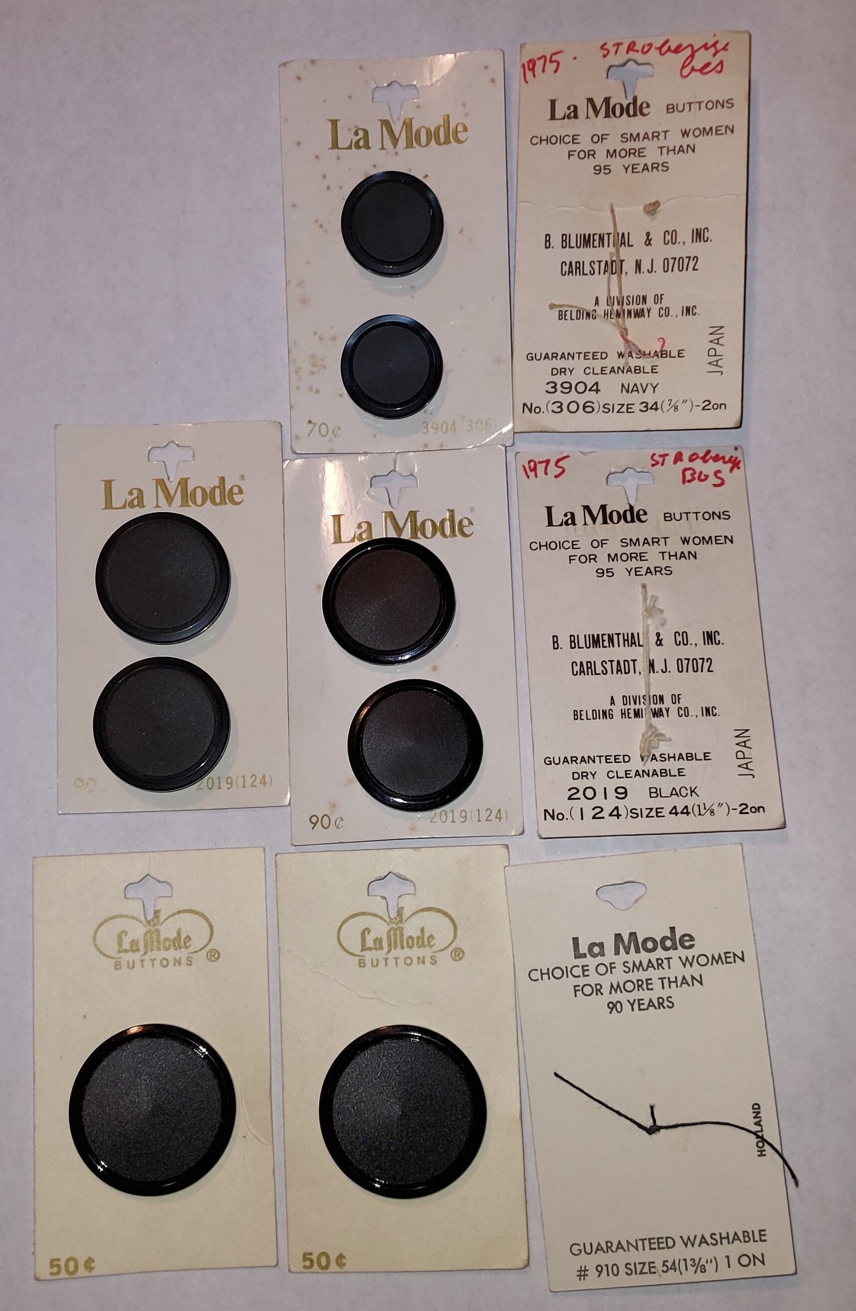 Vintage La Mode Buttons, Black,, Lot of 8 Cards w/13 Buttons