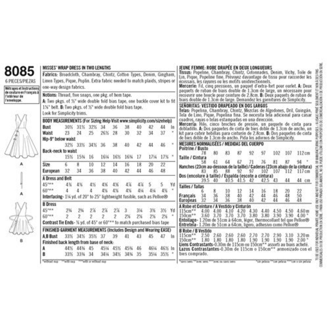 Simplicity 8085 Sewing Pattern Misses/women’s Retro 1950s Wrap Dress ...