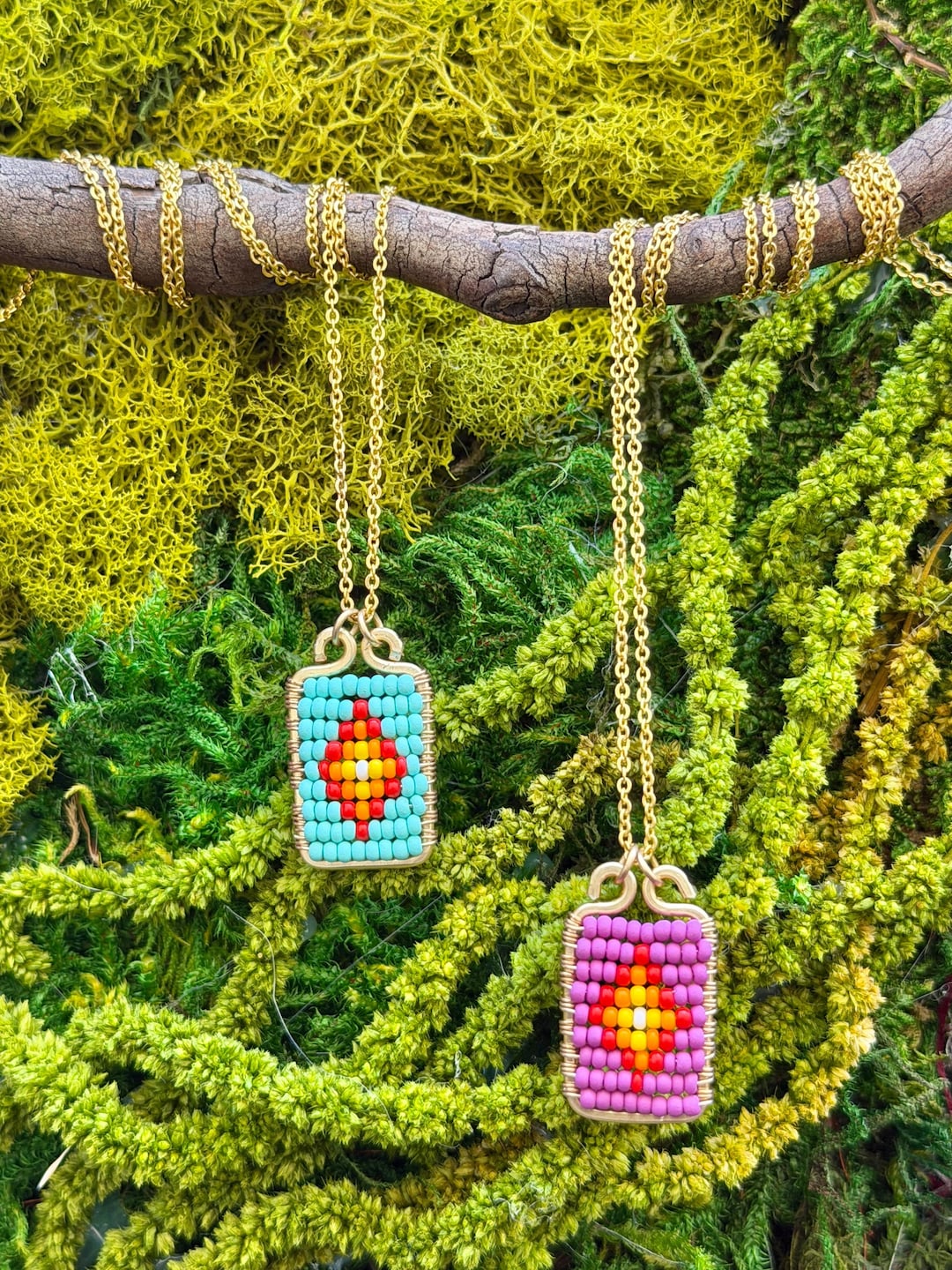 Southwestern Seed Bead Necklace, Geometric Boho Pendant, Gold or Silver ...