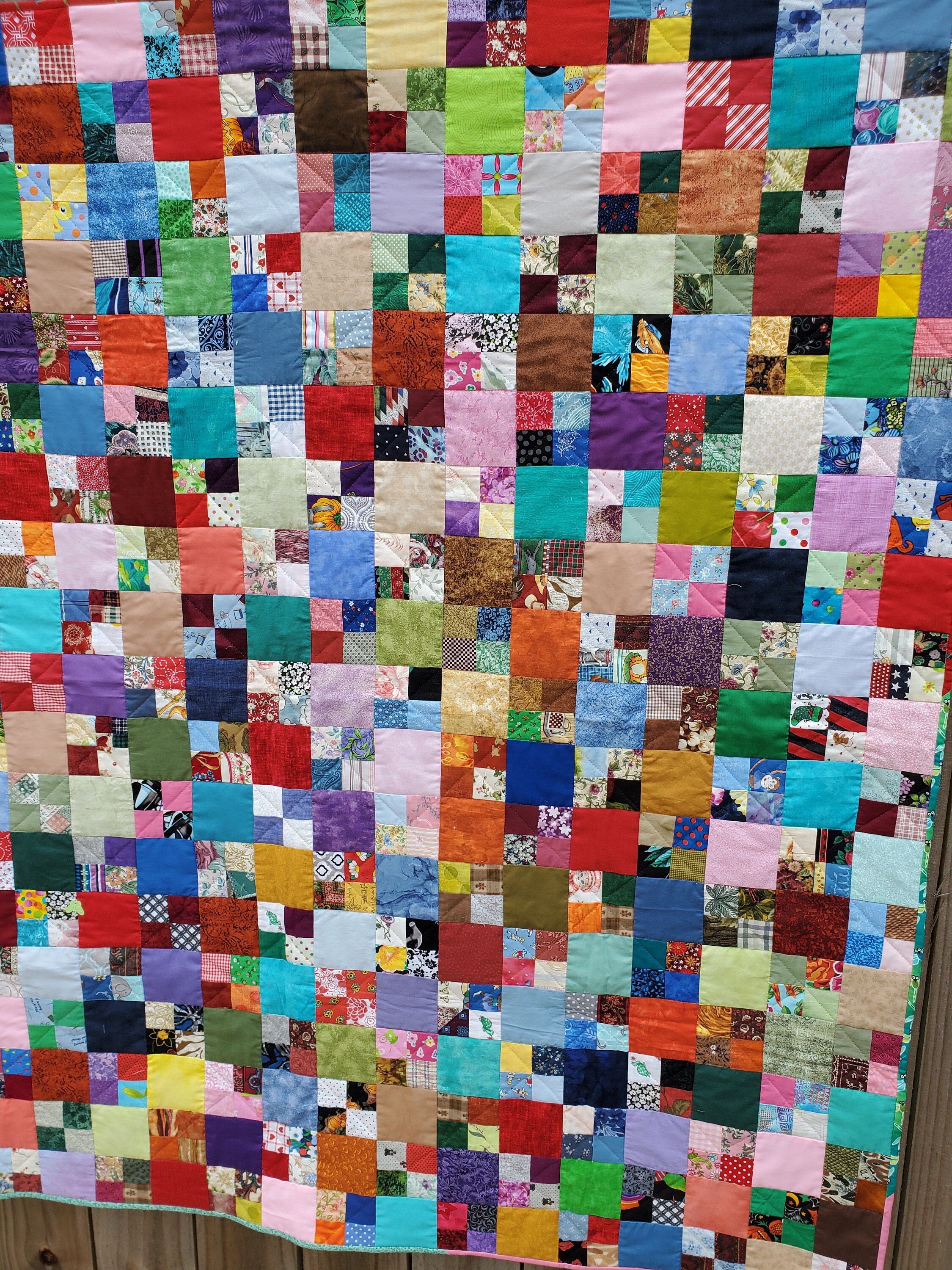 Scrappy Four Patch Blocks Alternating With Square Blocks Quilt ...