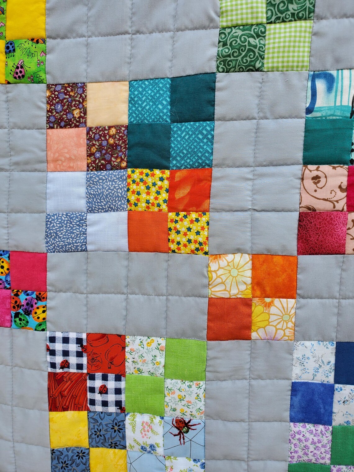 Quilt of 16 Patch Multicolored Squares With Solid Gray Sashing - Etsy