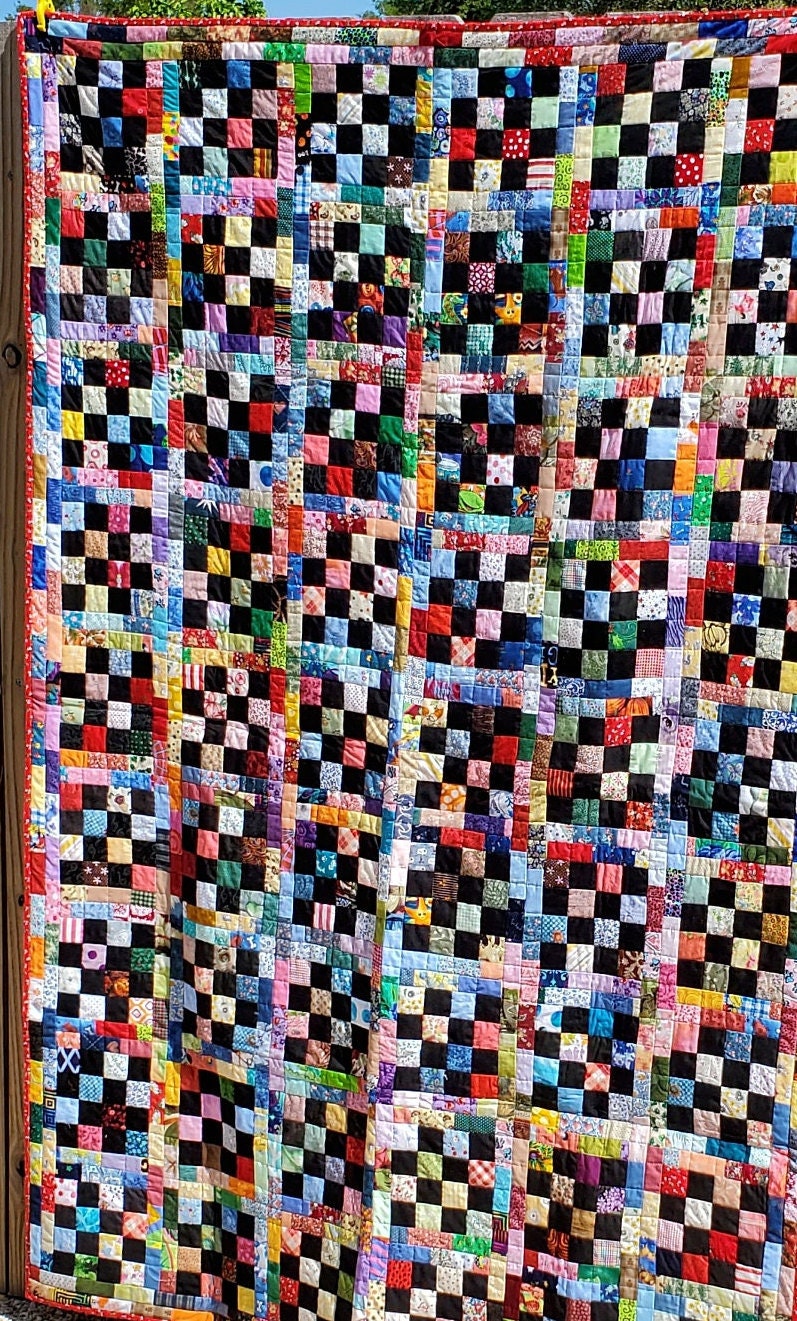 Scrappy 16 Patch Blocks Alternating With Black Squares Quilt - Etsy