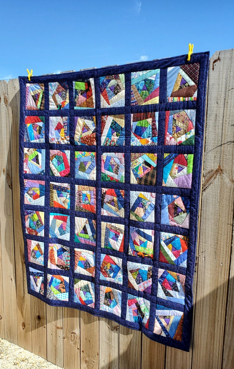 Crazy Patch Blocks With Dark Blue Sashing Quilt - Etsy