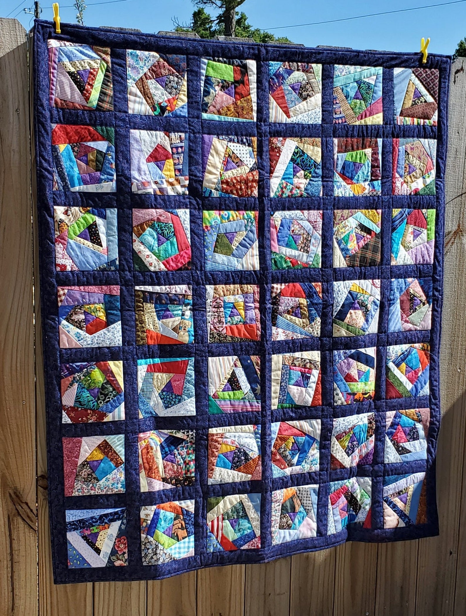 Crazy Patch Blocks With Dark Blue Sashing Quilt - Etsy