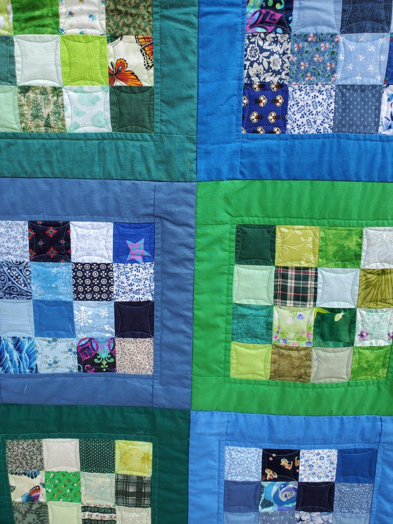 Quilt of 16 Patch Blue and Green Blocks Framed in Blue and Green Solid ...