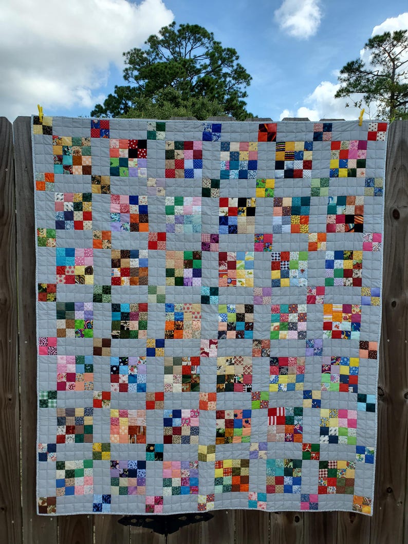 Quilt of 16 Patch Multicolored Squares With Solid Gray Sashing - Etsy