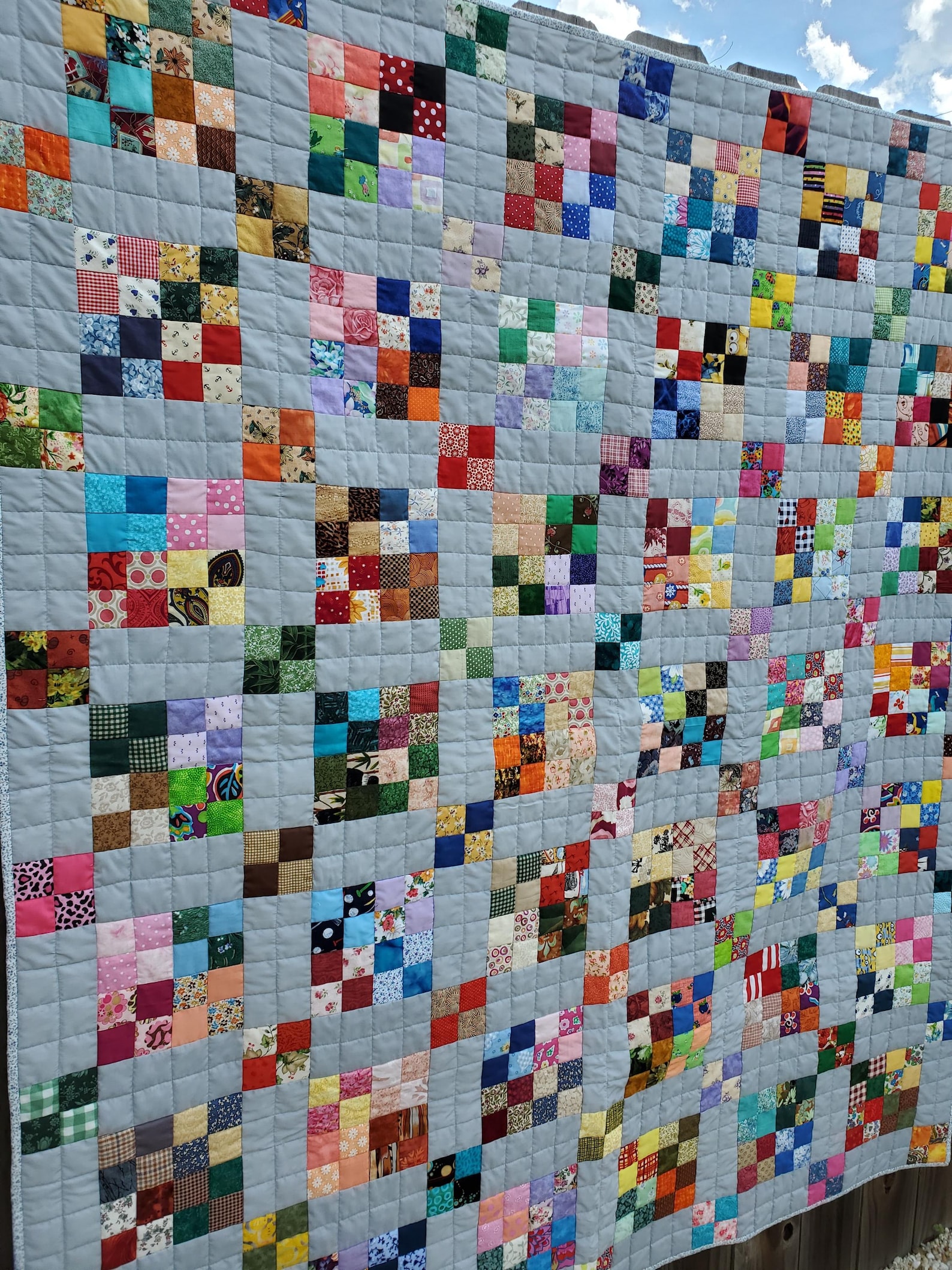 Quilt of 16 Patch Multicolored Squares With Solid Gray Sashing - Etsy