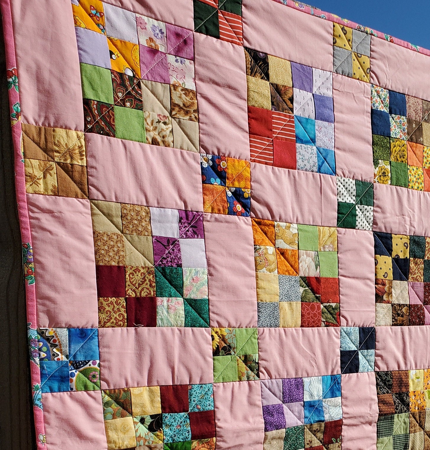 Quilt of 4 Patches and 16 Patches With Pink Sashing and Borders - Etsy