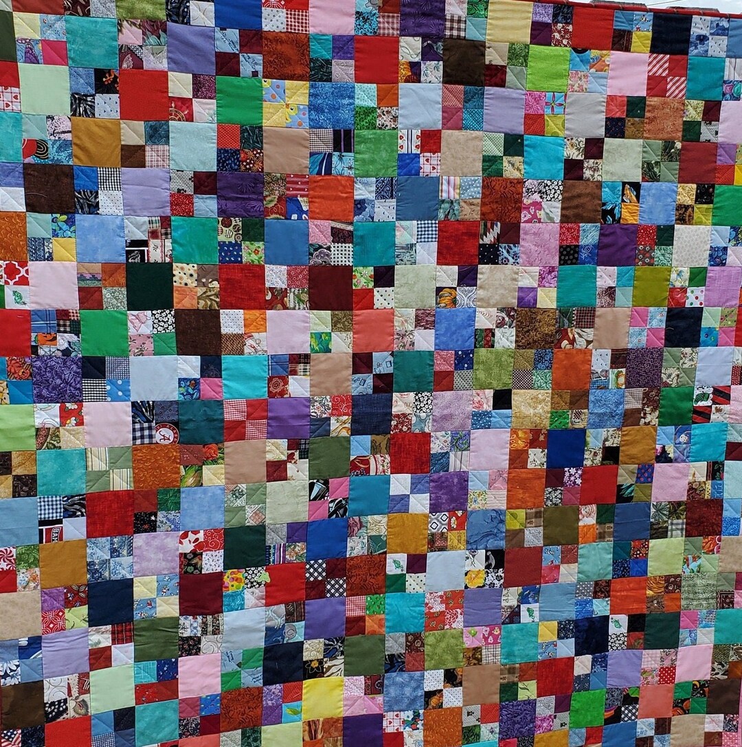 Scrappy Four Patch Blocks Alternating With Square Blocks Quilt ...