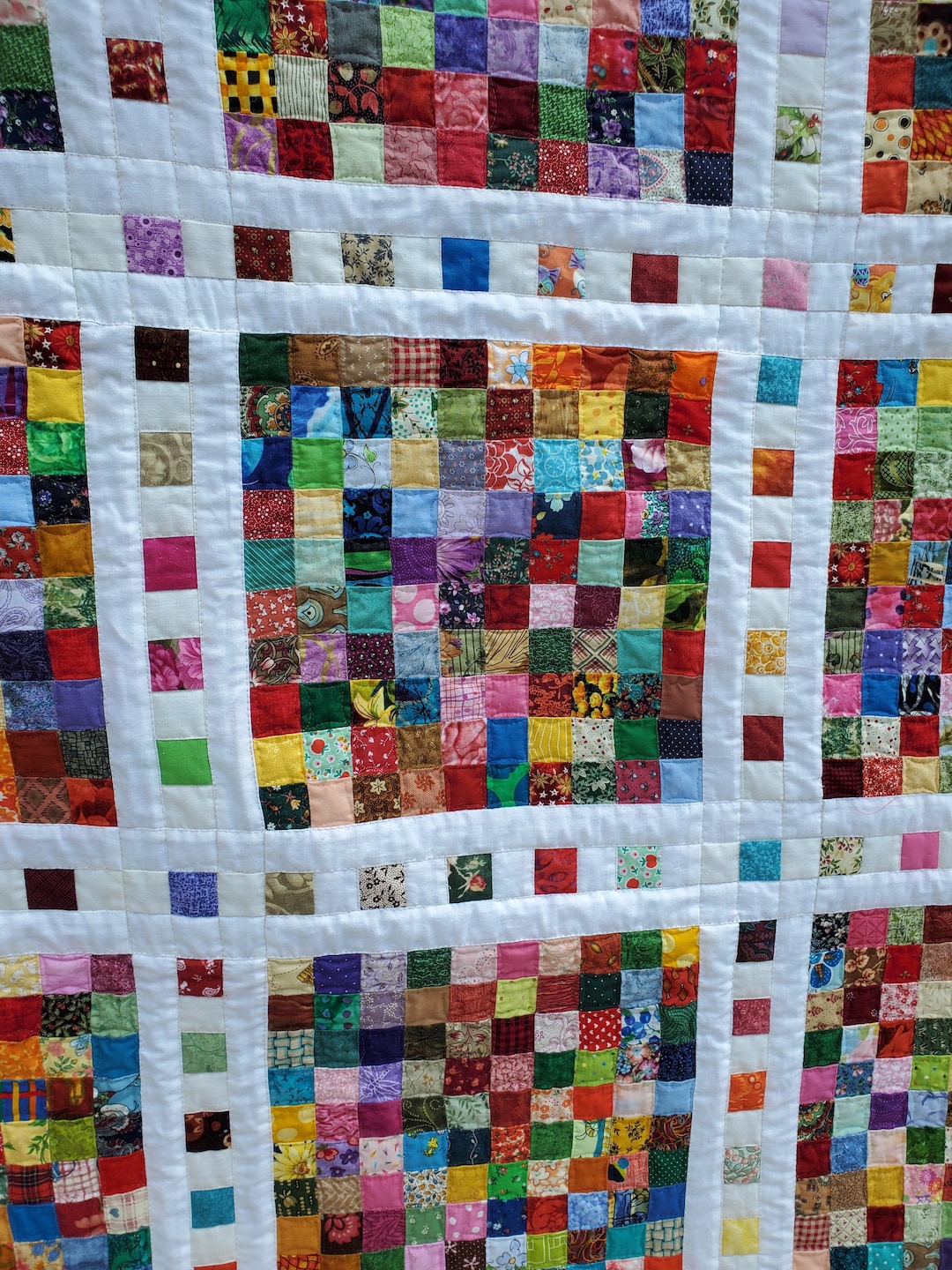 Quilt of Multicolored 100 Patch Blocks With White Sashing - Etsy