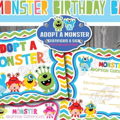 Instant Download Adopt a Monster Certificate and Sign-monster | Etsy