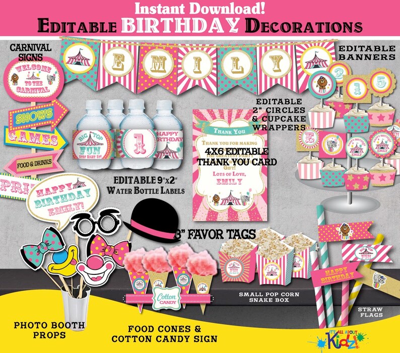 Editable Pink Gold Circus Birthday Decorations-printable Carnival ...