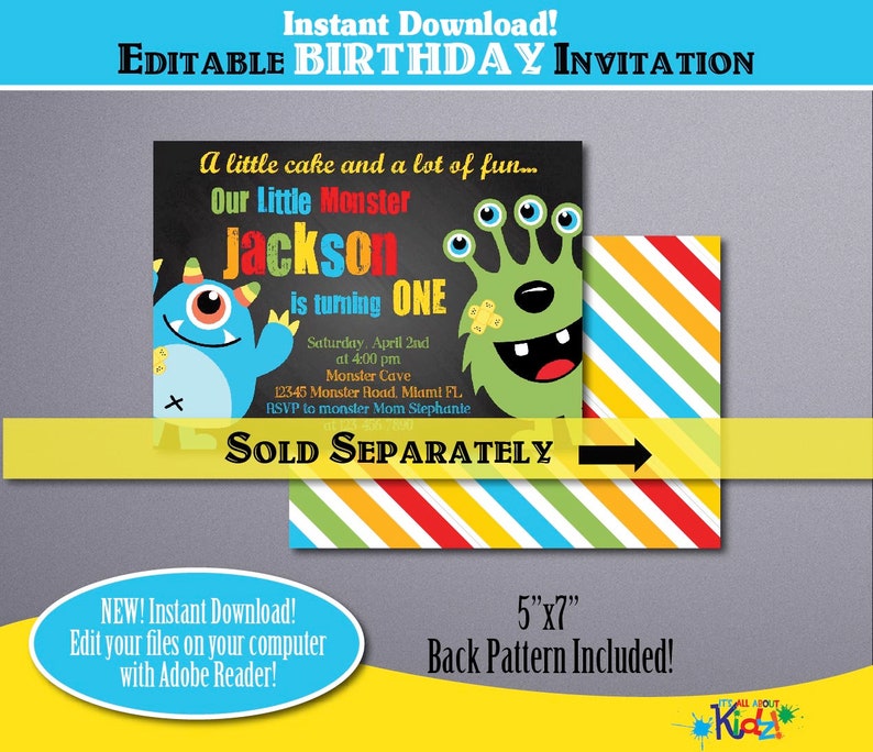 Editable Monster Birthday Invitation-Self-Editing Monster | Etsy