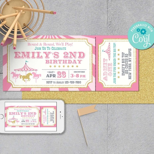 EDITABLE Carousel Birthday Invitation Pink & Gold Carousel - Etsy
