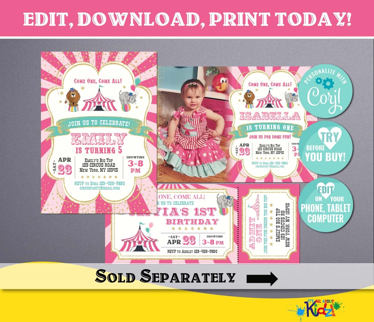 Editable Pink Gold Circus Birthday Decorations-printable Carnival ...