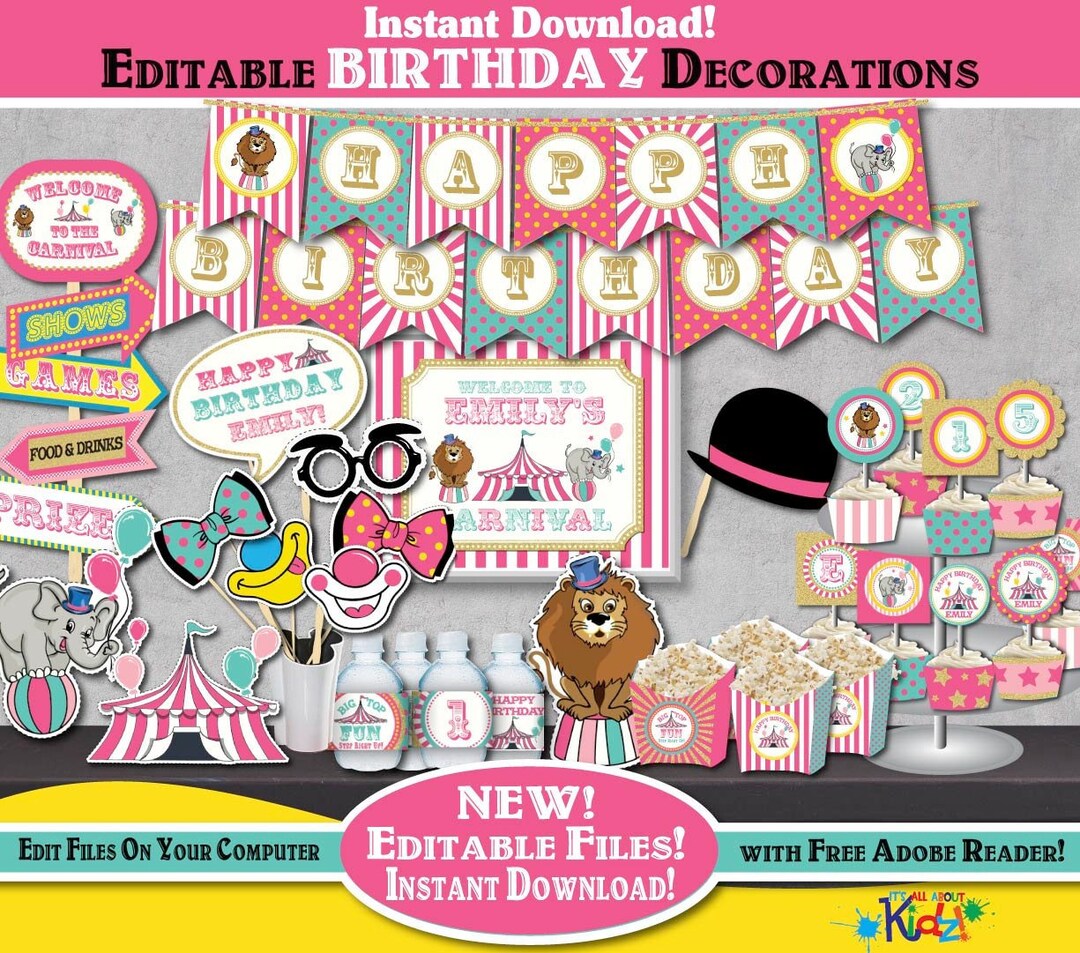 Editable Pink Gold Circus Birthday Decorations-printable Carnival ...