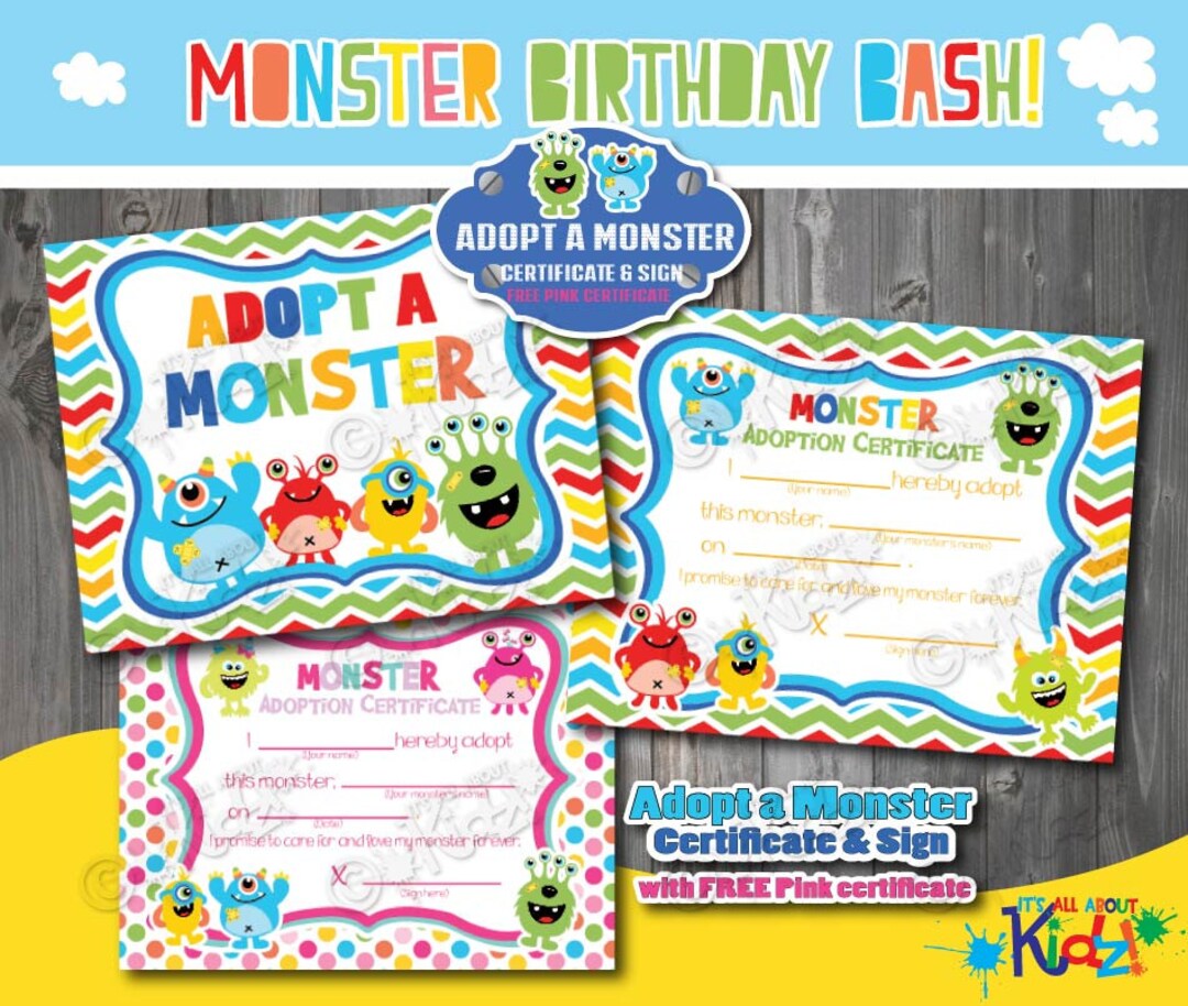 Instant Download Adopt a Monster Certificate and Sign-blue-monster ...