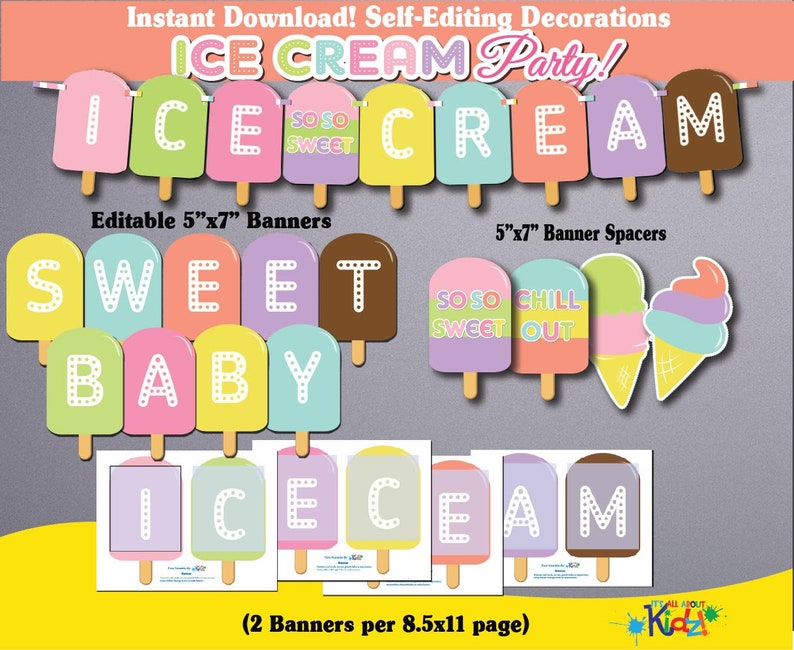 Self-editing Ice Cream Birthday Decoration Kit-printable Ice Cream ...