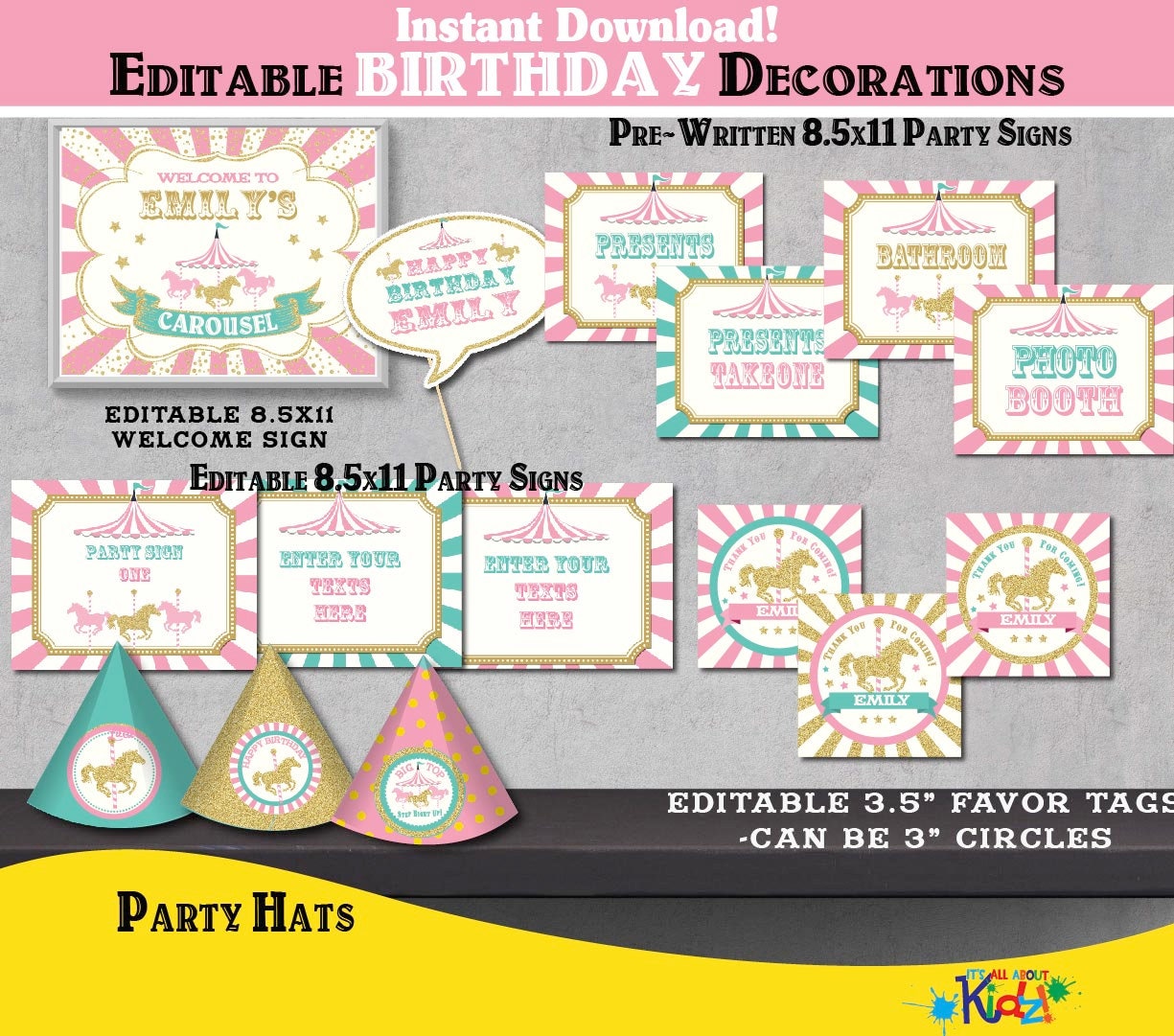 Editable Carousel Birthday Decorations-printable Carnival Birthday ...