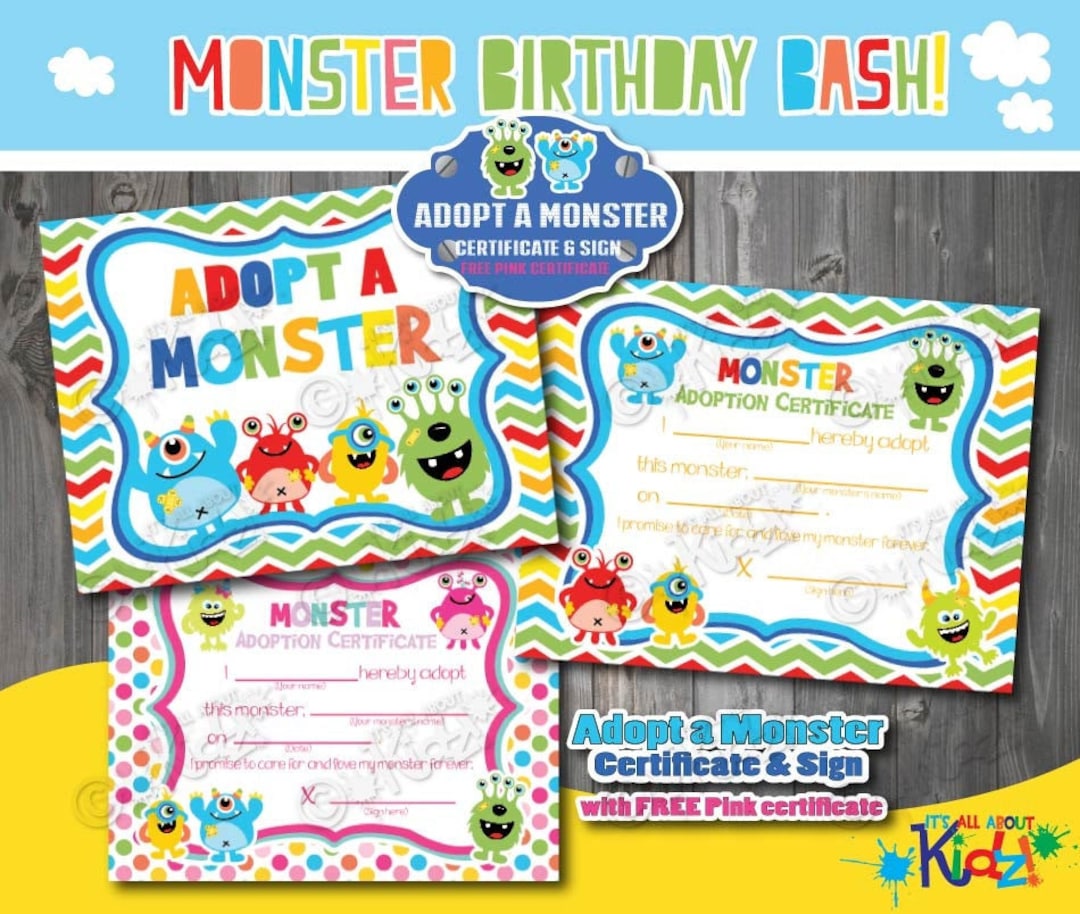 Instant Download Adopt a Monster Certificate and Sign-monster Birthday ...