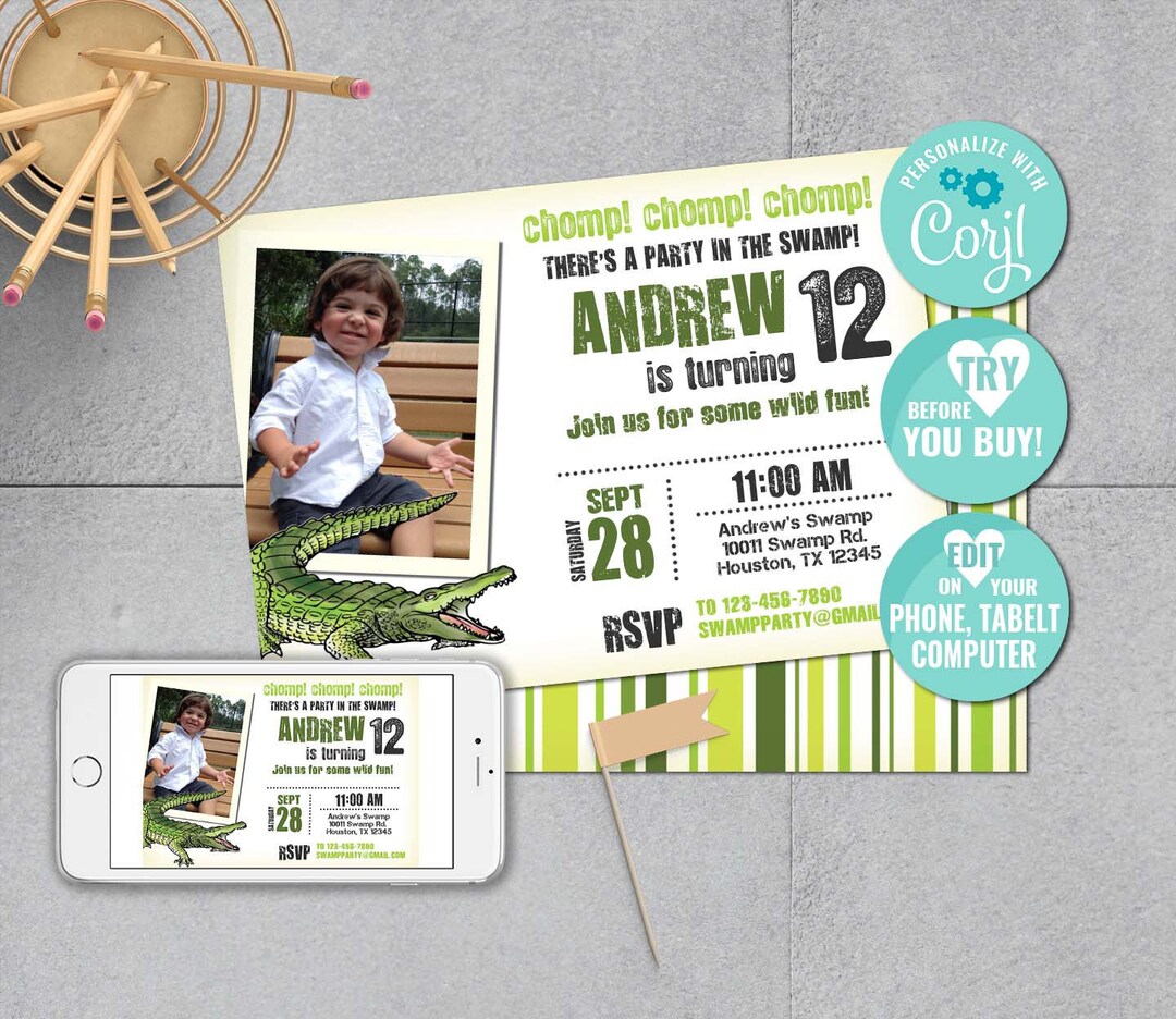 Alligator Birthday Invitation-self Edit W Corjl- Alligator Party ...