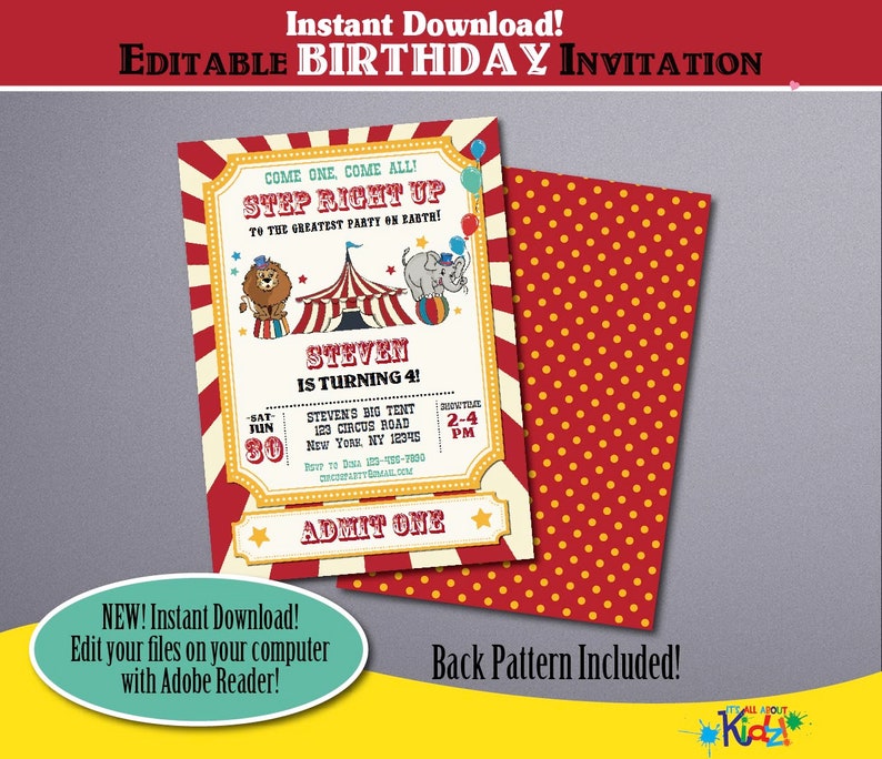 Editable Vintage Circus Birthday Invitation-self Edit Carnival | Etsy