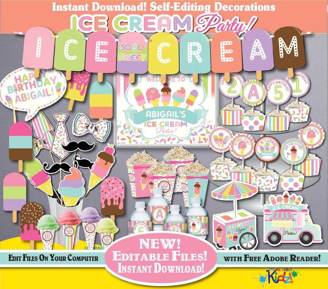 Self-editing Ice Cream Birthday Decoration Kit-printable Ice Cream ...