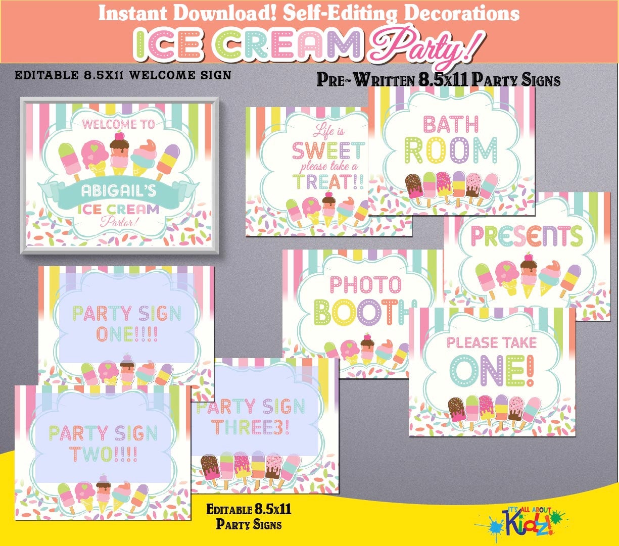 Self-editing Ice Cream Birthday Decoration Kit-printable Ice Cream ...