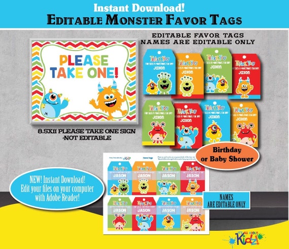 Editable Monster Party Favor Tags-self-editing Monster | Etsy