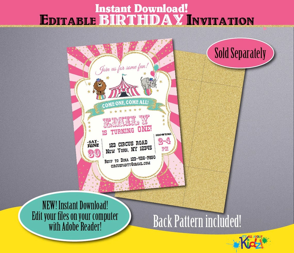 Editable Pink Gold Circus Birthday Decorations-printable Carnival ...