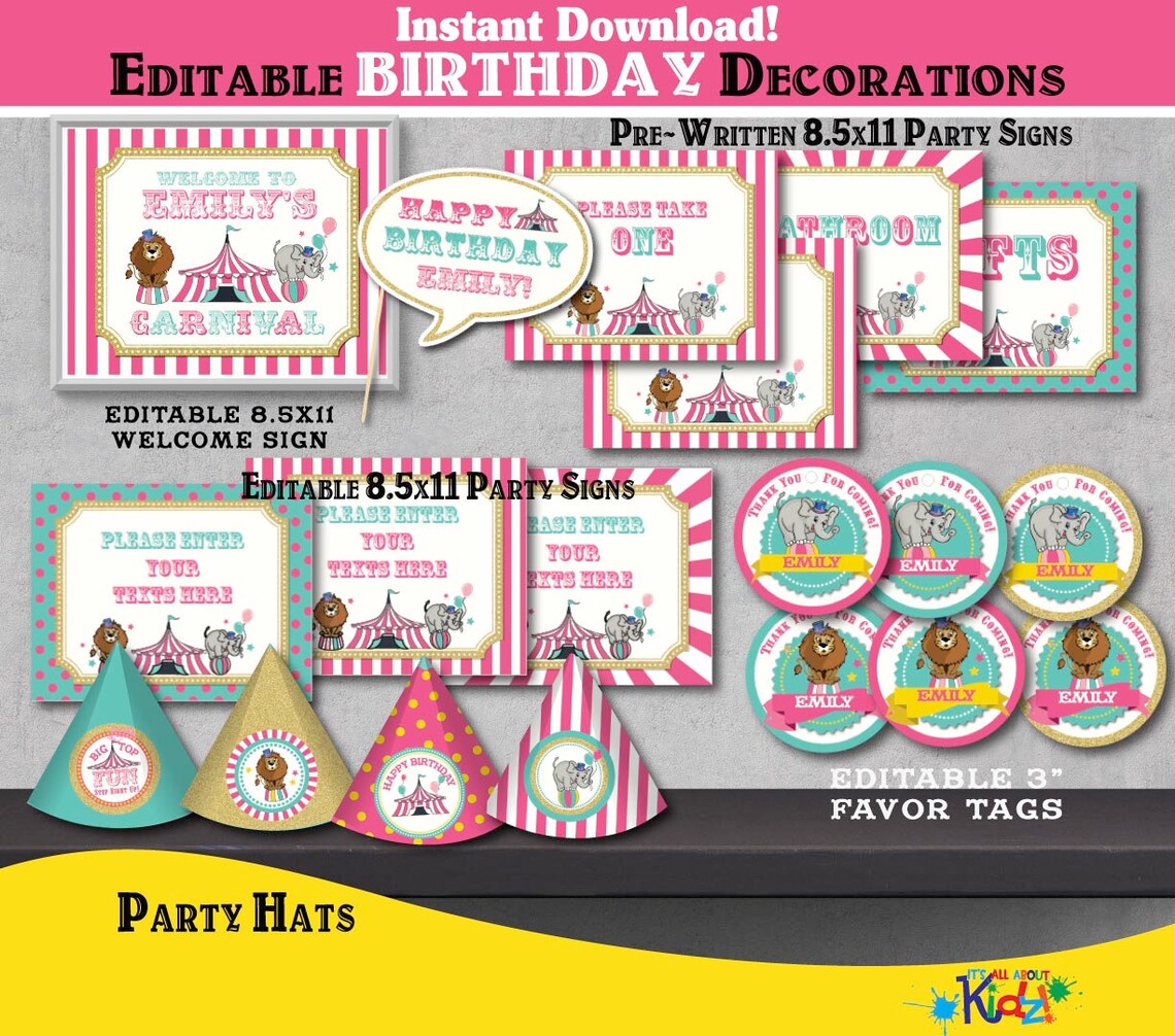 Editable Pink Gold Circus Birthday Decorations-printable Carnival ...
