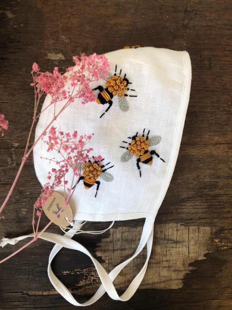 Linen Baby Bonnet With Embroidered Bees. Embroidered Bonnet | Etsy