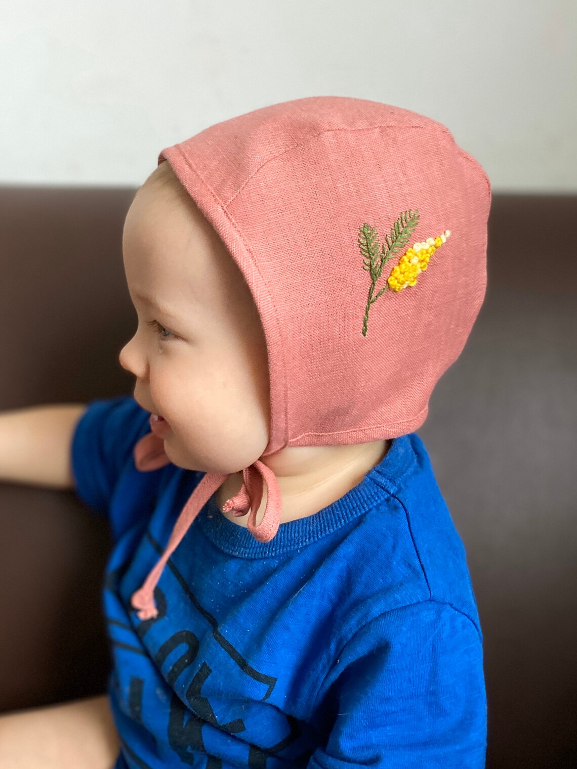 Linen Baby Bonnet With Embroidered Mimosa Flowers. Embroidered | Etsy