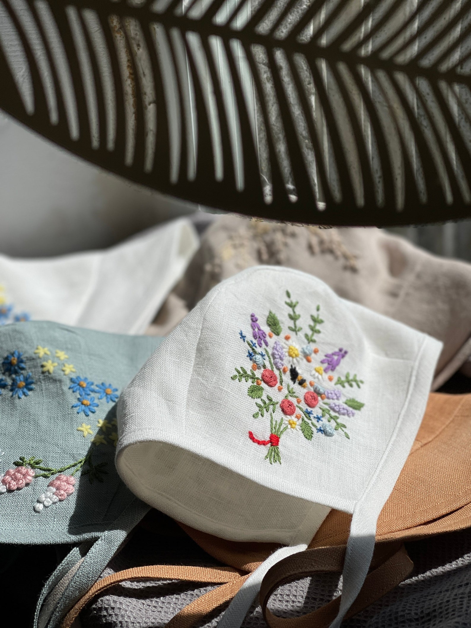 Linen Baby Bonnet With Botanical Embroidery Bonnet With - Etsy