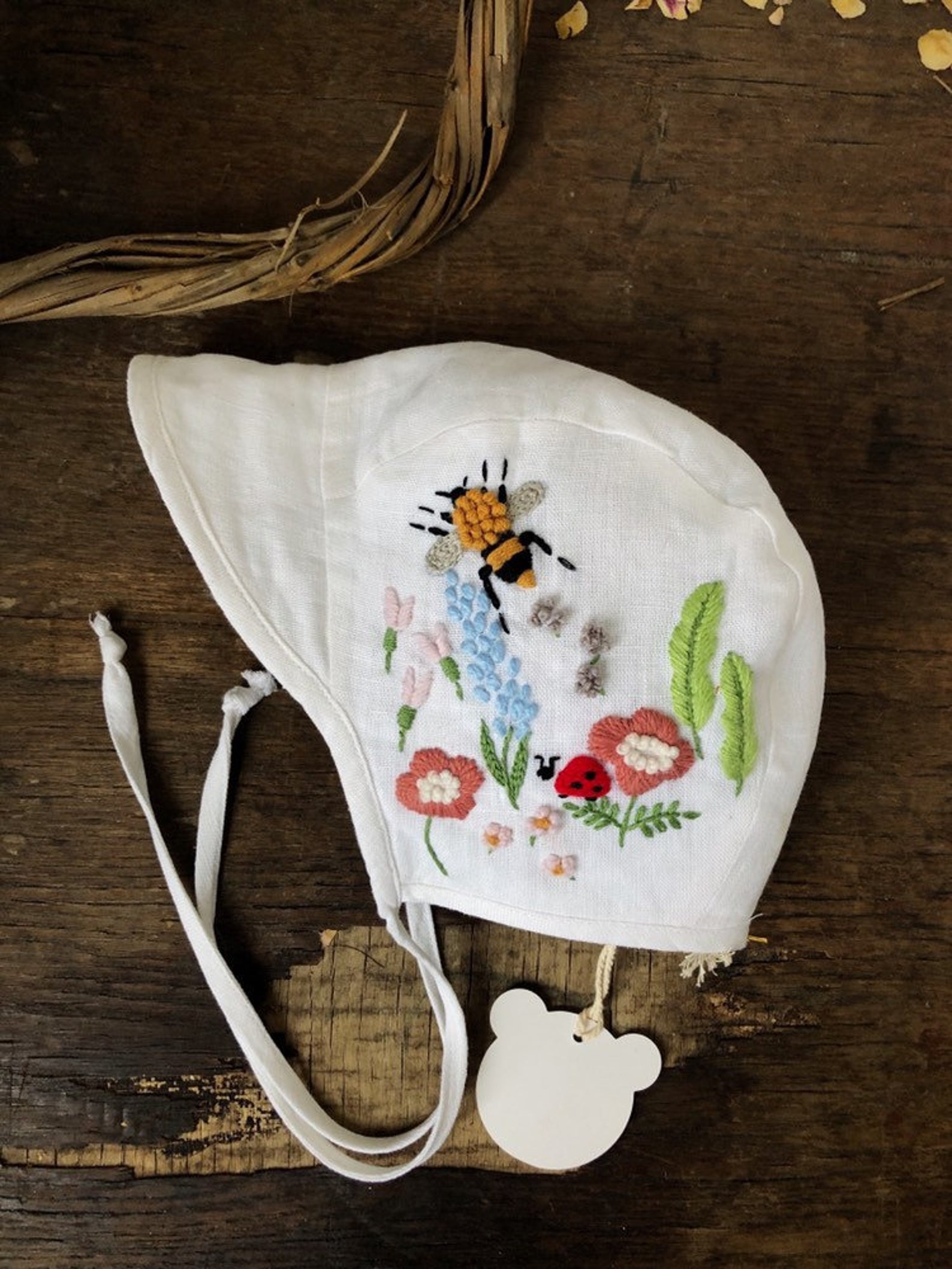 Linen Baby Bonnet With Botanicals Hand Embroidery - Etsy