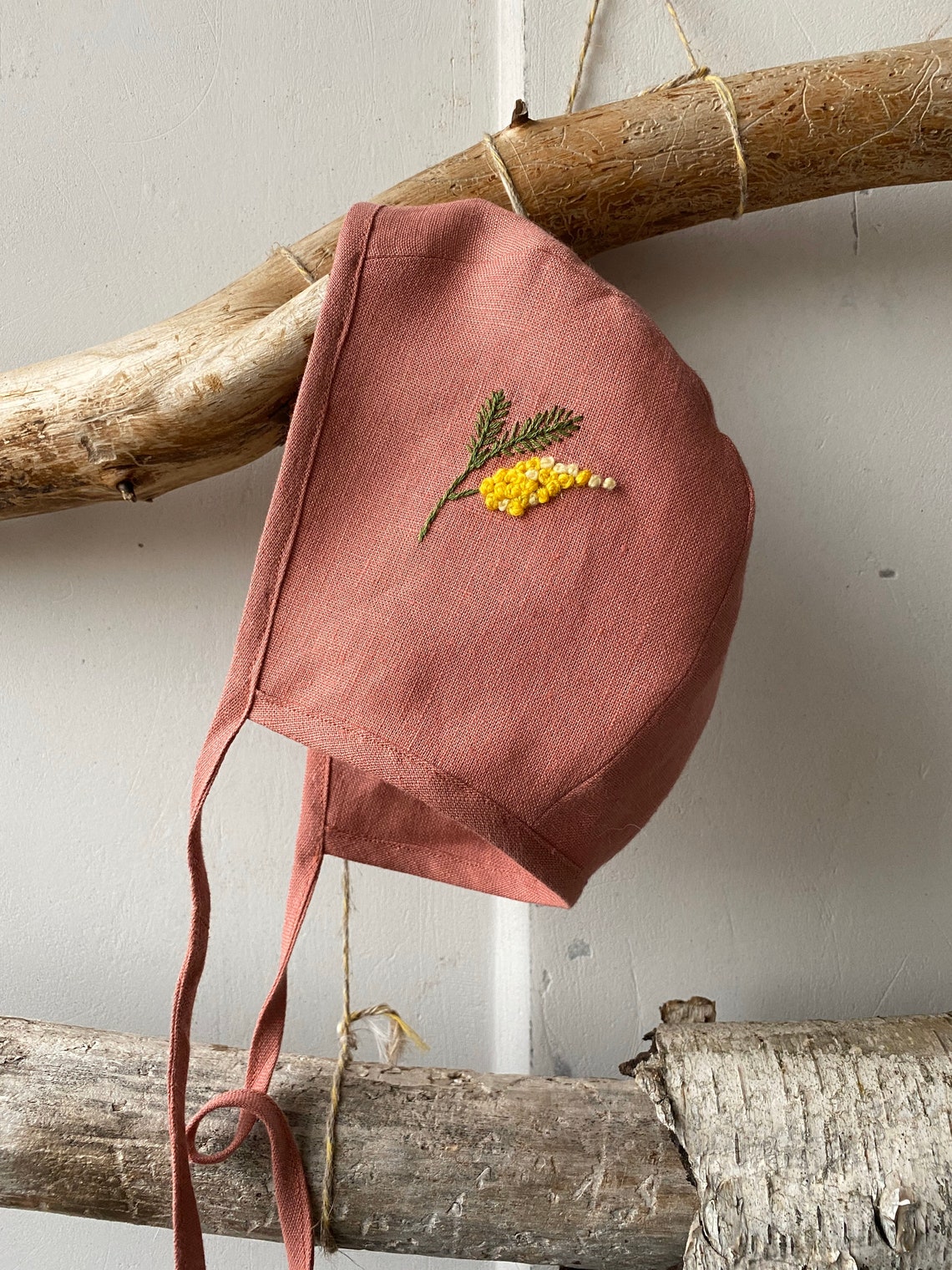 Linen baby bonnet with embroidered Mimosa flowers. embroidered | Etsy