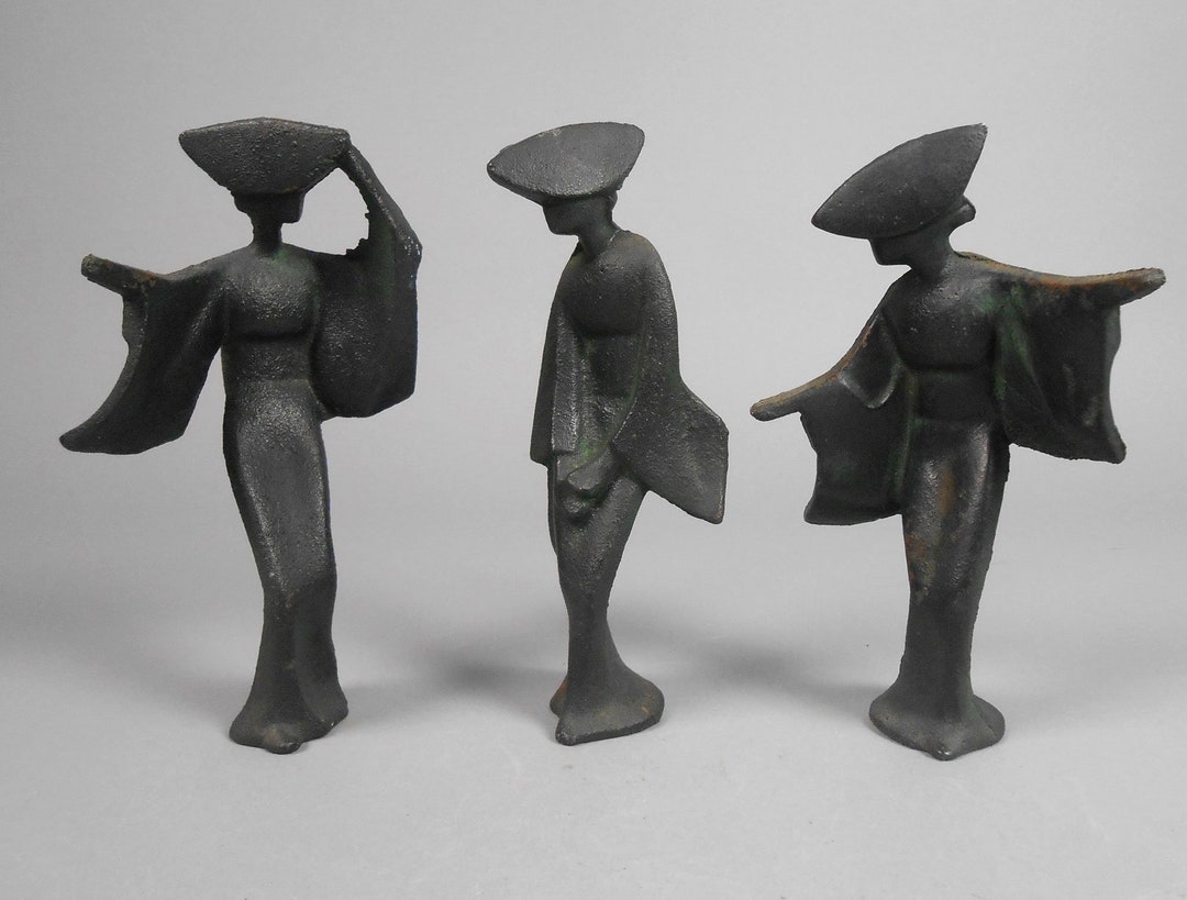 Japanese Dancing Geisha Figurines Set of 3 Cast Iron MCM Sculptures - Etsy