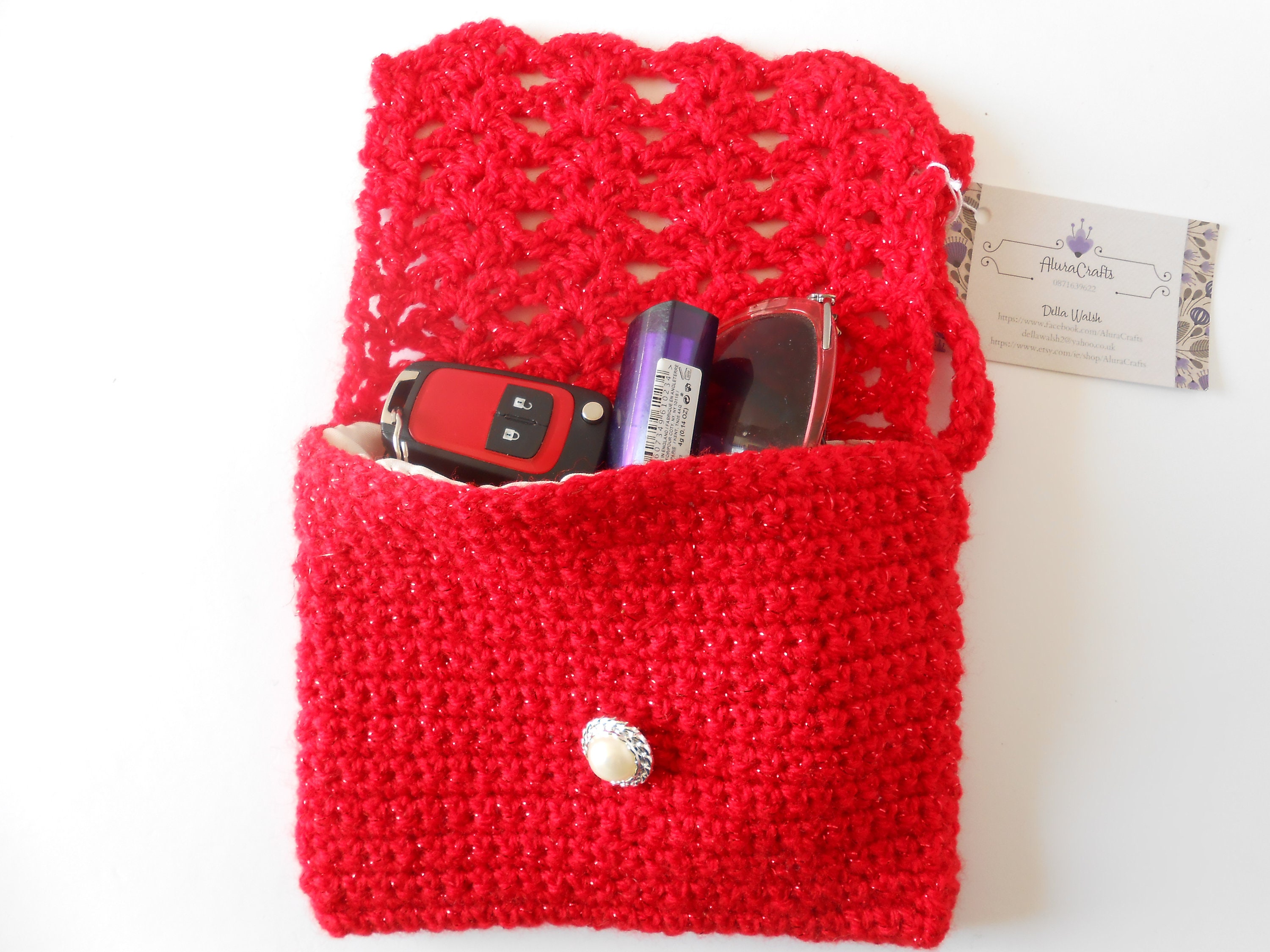 Red crochet clutch purse Shimmering crochet evening bag | Etsy