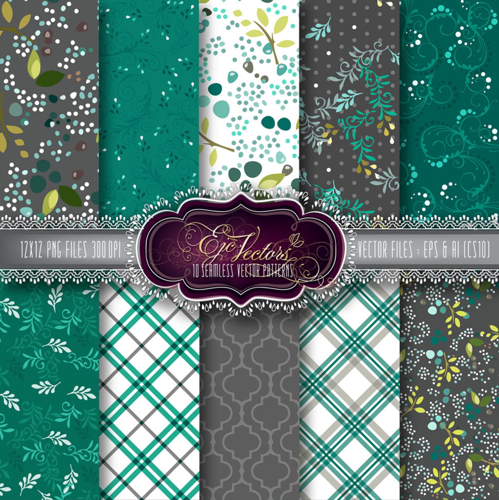 10 Seamless Patterns 5 Teal : Vector Files EPS 10 & AI 10 and High ...