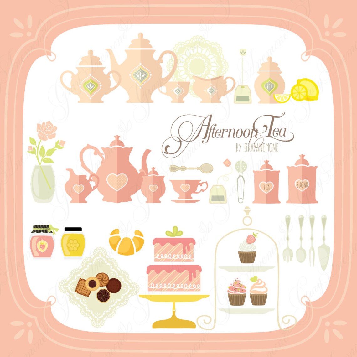 Pink Afternoon Tea clipart Set PNG cliparts on transparent | Etsy