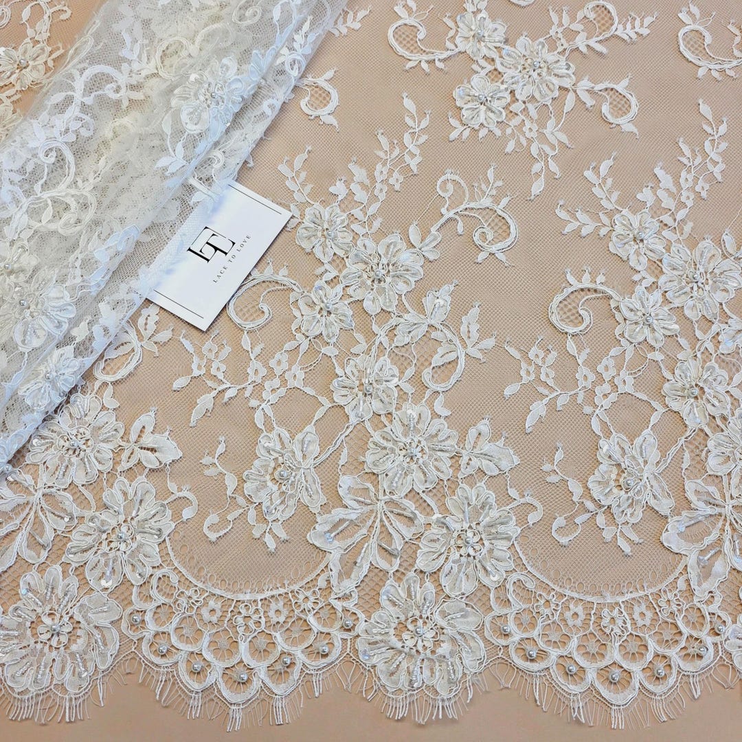Beaded Chantilly Lace Fabric, Ivory French Bridal Wedding Lace Cloth ...