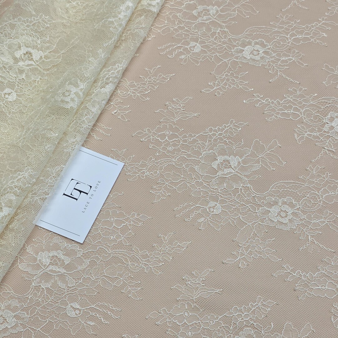 Pale Yellow Vintage Lace Fabric, Delicate Beige Floral French Chantilly ...