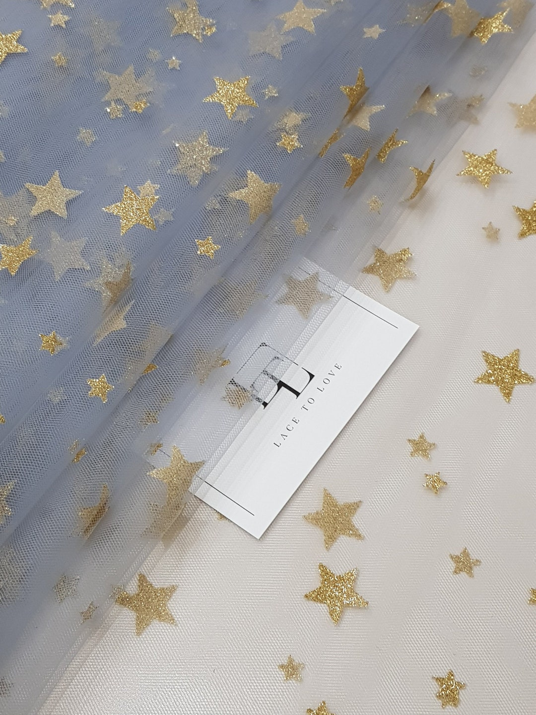 Light Blue With Gold Stars Tulle Fabric, Lingerie Tulle Fabric, Evening ...