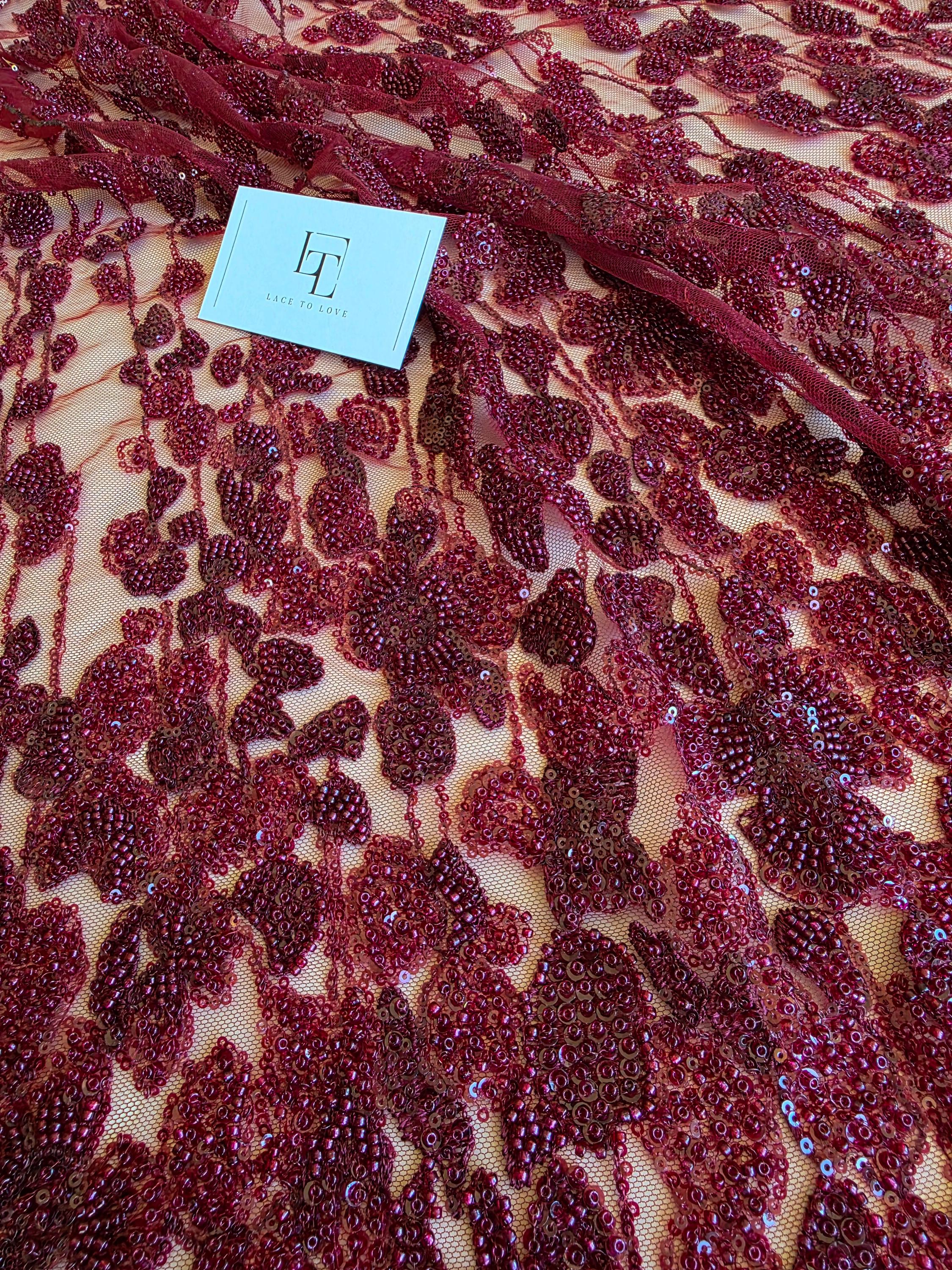 Burgundy Lace Fabric, Beaded Wine Red French Lace Fabric, Embroidered ...